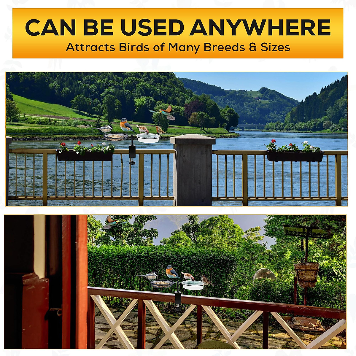 Bird Feeders for Outdoors - Forest & Twelfth Platform Bird Feeder Stand, Weather Proof Bird Water Feeder for Balcony Railing, 360° Rotation Standing Bird Feeder with Seed & Water Trays and Feed Scoop