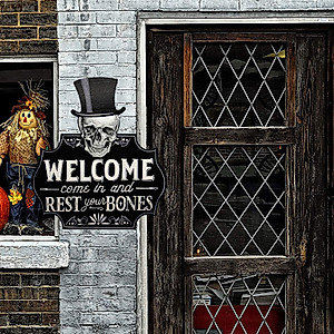 DR.DUDU Halloween Door Decoration, Halloween Welcome Sign, Halloween Skeleton Hanging Welcome Sign, 16" Wood Door Sign Haunted House Skeleton Decor, Halloween Wall Sign (black)