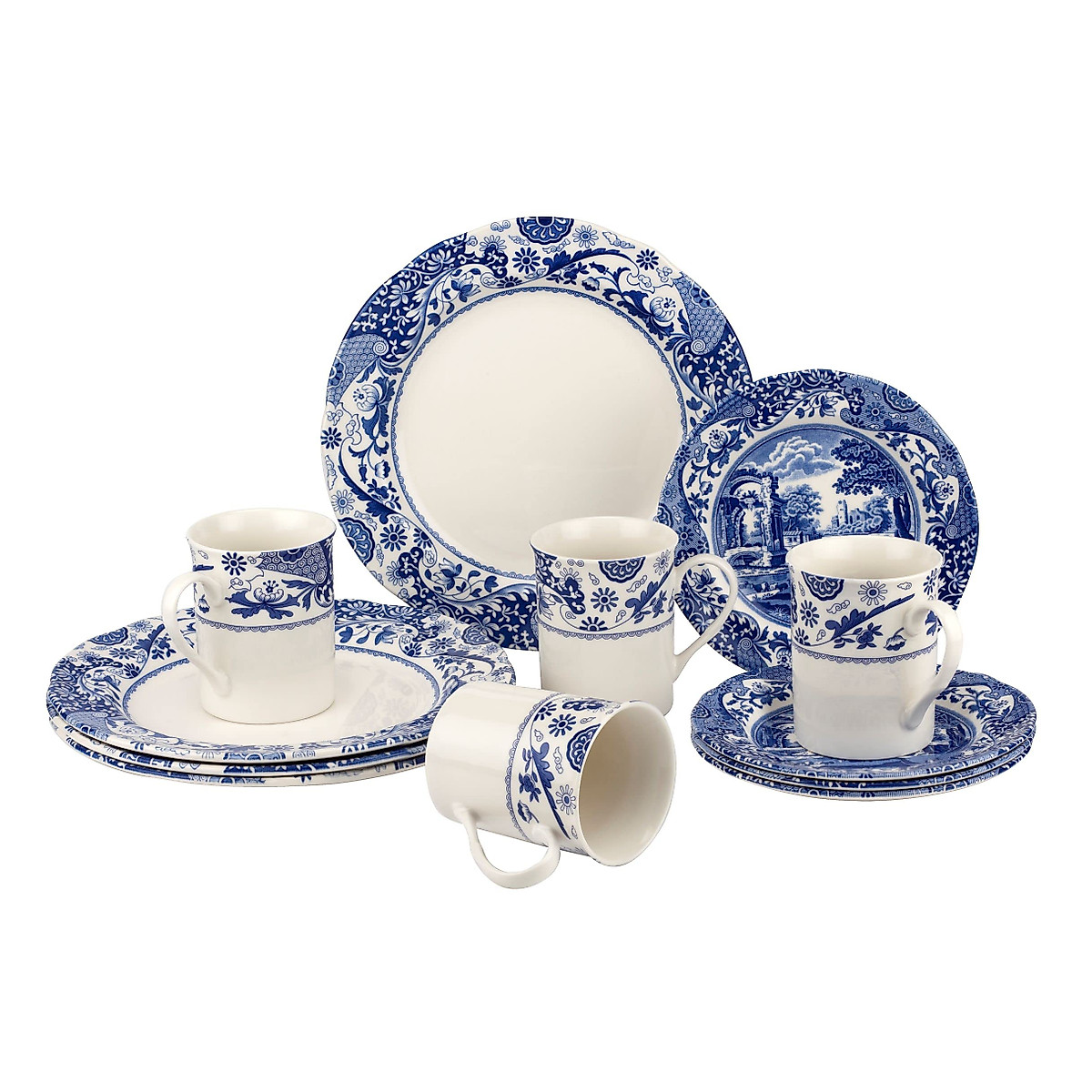 Spode Blue Italian Brocato 12 Piece Dinnerware Set | Service for 4 | Dinner Plate, Salad Plate, and Mug | Made of Fine Earthenware | Microwave and Dishwasher Safe