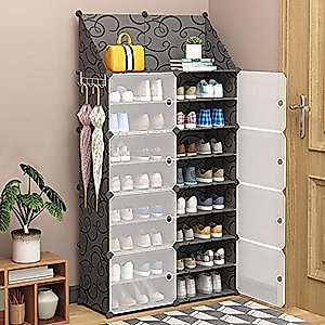 Jomifin Shoe Rack Storage Cabinet with Doors, Key Holder, Portable Shoes Organizer, Expandable Standing Rack, Storage 32-64 Pairs Shoes, Boots, Slippers (2x8 tier) (Black)
