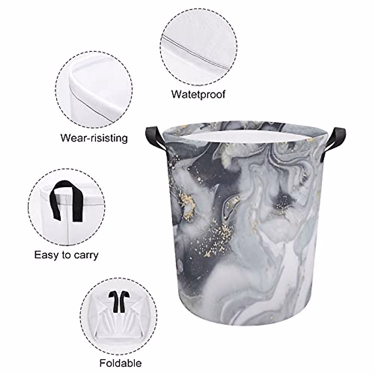 Laundry Hamper Basket Grey Marble Laundry Bag Stylish Collapsible Oxford Cloth Home Storage Bin with Handles