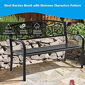 S AFSTAR Garden Bench, Metal Porch Bench for Park Garden Yard, Outdoor Patio Bench with Weather-Resistant Cast Iron Backrest and Welcome Pattern, Front Door Bench Park Bench for Outside (Black)
