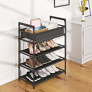 Calmootey 4-Tier Stackable Freestanding Shoe Rack, 2-in-1 Plus Storage Bag Sturdy Shoe Shelf, Non-Woven Fabric Entryway Shoe Shelf with Storage Organizer