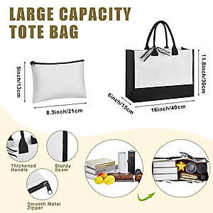 24 Pcs Beach Canvas Tote Bag with Canvas Makeup Bag Set Blank Initial Gift Bags for Women Personalized Kitchen Reusable Grocery Bags for Gift DIY Travel Shopping Bridesmaid Bride Wedding, Black White