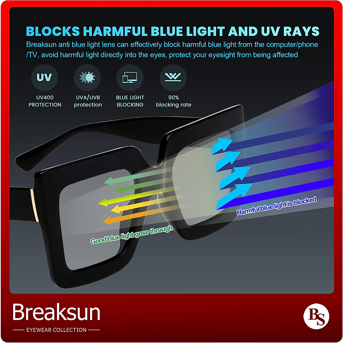 Breaksun Oversized Blue Light Glasses for Women Fashion Thick Square Computer Eyewear Non-Prescription Black Glasses (New Black+ Brown Orange)