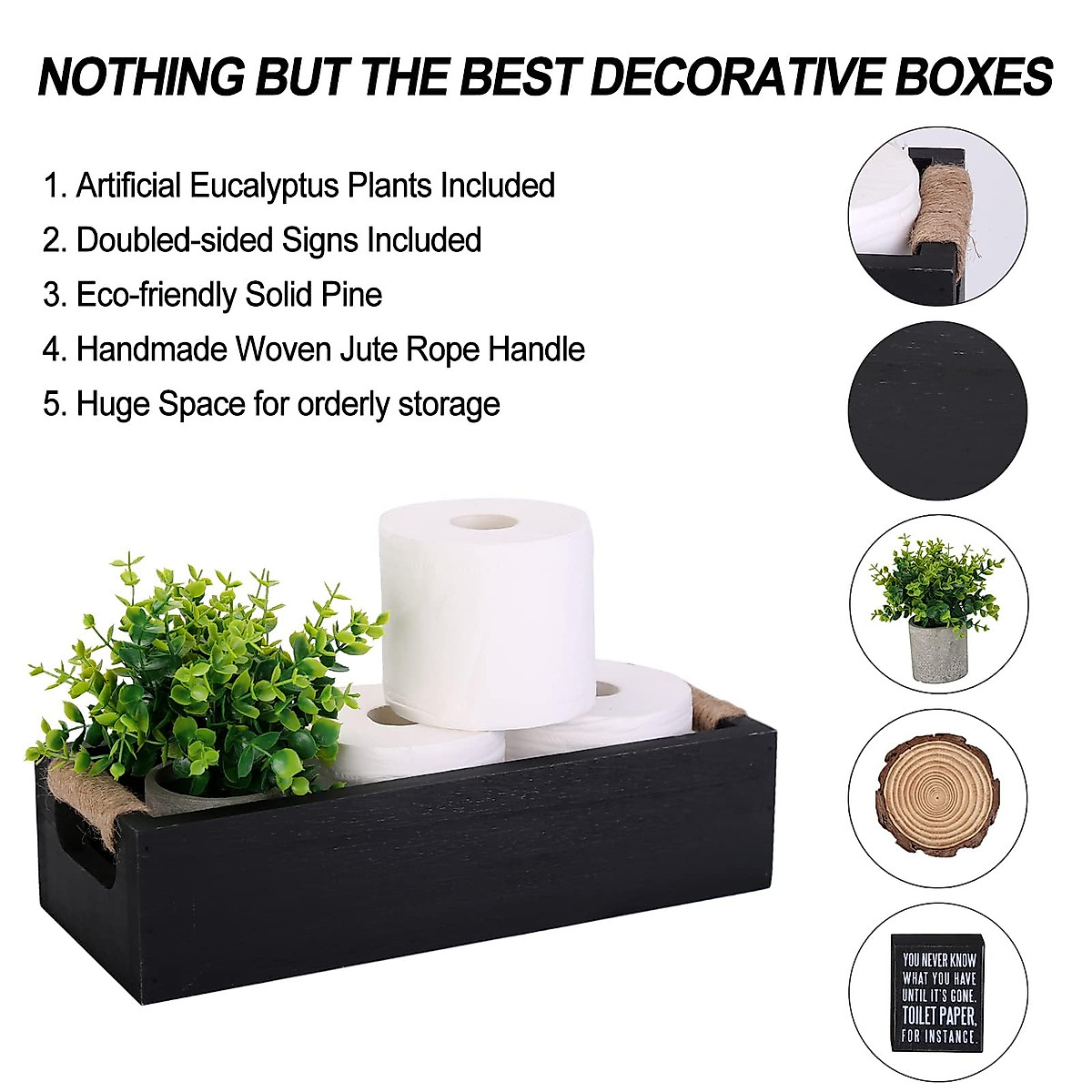 Veichin Bathroom Decor Box Back of Toilet Paper Storage Basket Organizer with Funny Double-Sided Box Sign And Artificial Flower, Set of 3 Wood Tank Tray