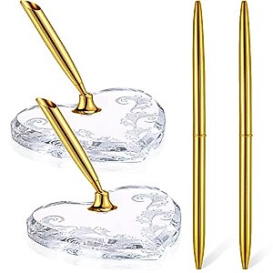 Outus 2 Pieces Acrylic Heart Pen Holder Signing Pen Set Hollow Round Pen Holder Stand for Wedding Bridal Engagement Guests Book Graduation Ceremony Valentine's Day Favor (Gold Heart Style)
