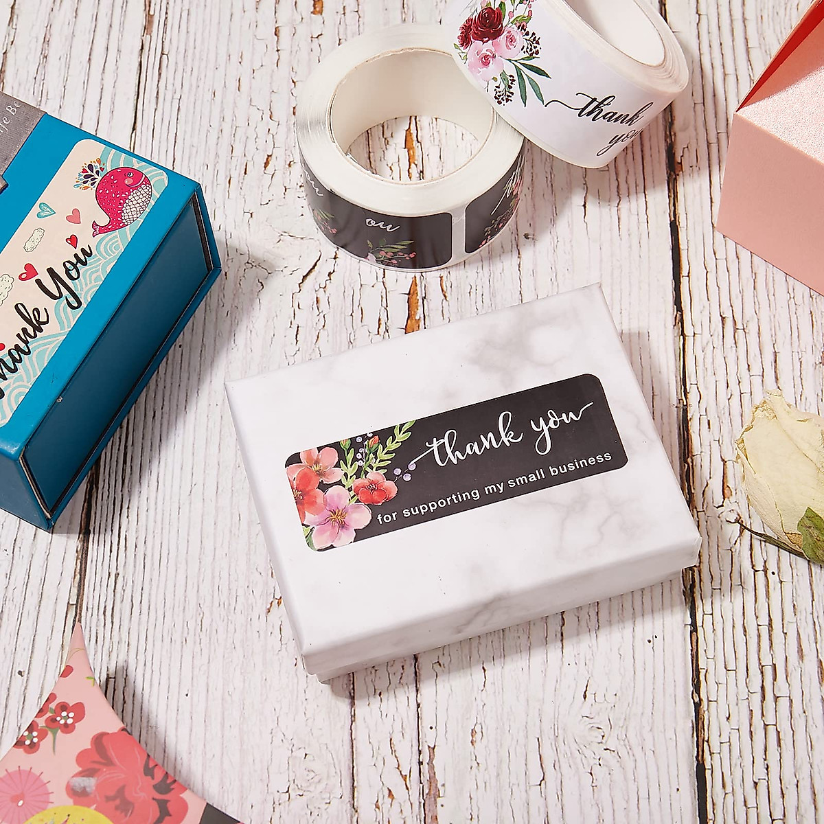 BEEFLYING 5 Rolls Thank You Adhesive Labels Roll Stickers Paper Gift Tag Stickers Mixed Color for Party Presents Room Bottle Sticky Note Decorative