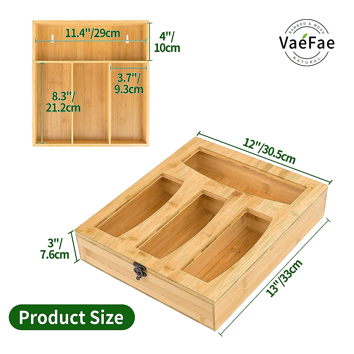 VaeFae Ziplock Bag Storage Organizer- Bamboo Food Bags Container for Kitchen Drawer Compatible for Gallon, Quart, Sandwich, Snack, and Slider Bag