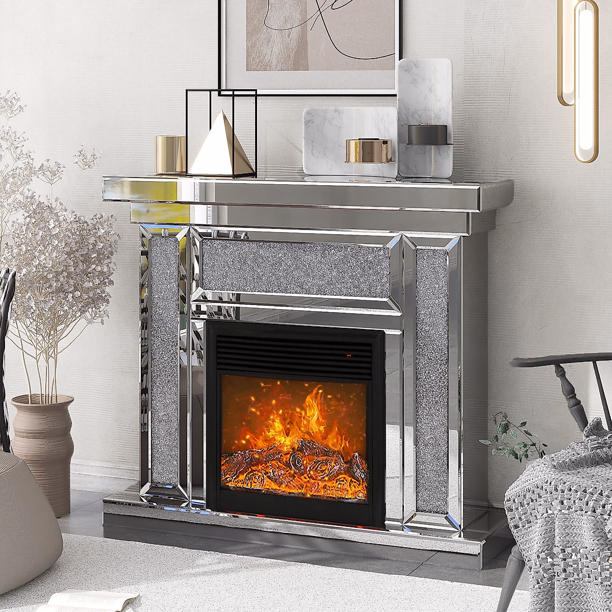 AUWHALEUS Mirrored Electric Fireplace with Remote Control and Mantel, Faux Diamonds Decor Freestanding Fireplace, Adjustable 3D Flame Effect Heater Firebox for Living Room, Silver