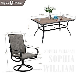Sophia & William Patio Dining Set 7 Pieces Metal Furniture Set Outdoor, 6 x Patio Dining Swivel Chairs Textilene with 1x 6 Person Wood Like Umbrella Table for Lawn Garden