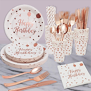 Birthday Party Supplies 200 PCS Rose Gold Birthday Plates Napkins Supplies and Rose Gold Plastic Cutlery, For Happy Birthday Decorations Serves 25 Guests