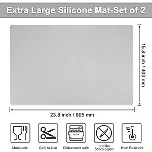 Silicone Mats for Kitchen Counter, Heat Resistant Mats for Countertop Protector, Waterproof, Washable, Non Slip, Multipurpose, Microwave, Cooking XL Large Silicone Mat, 23 x 15in, 1mm, Set of 2, Grey