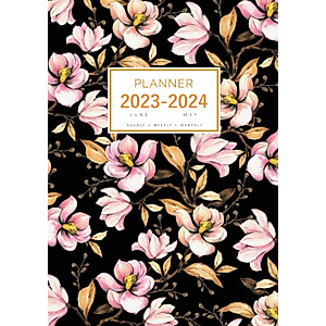 Planner June 2023-2024 May: A4 Large Notebook Organizer with Hourly Time Slots | Watercolor Magnolia Flower Design Black