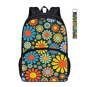 PORCLAY Hippie Floral School Backpack for Teens Girls Elementary Preschool Colorful Flowers Bookbag for Teen Girls Aesthetic Book Bag Lightweight School Supplies Bag