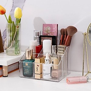 Yesesion Clear Makeup Organizer with 5 Compartments, Plastic Bathroom Counter Storage for Skincare, Toothbrush, Cosmetics Brushes, Palette, Lipsticks, Hair Accessories Holder for Vanity Dresser