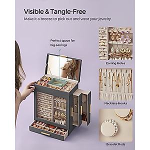 SONGMICS Jewelry Box with Glass Window, 5-Layer Jewelry Organizer with 3 Side Drawers, Jewelry Storage, with Big Mirror, Modern, 6.1 x 10.3 x 12.6 Inches, Slate Gray and Metallic Gold UJBC162G01