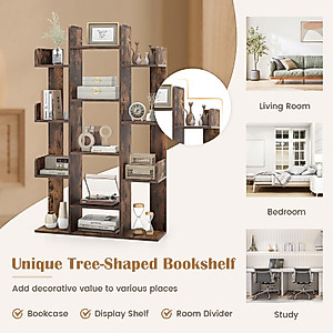 Giantex 7-Cube Tree Bookshelf, 55.5" Wooden Bookcase with 13 Open Shelves, Tall Corner Books Storage Organizer, Freestanding Decorative Display Cube Shelf for Living Room, Study (Rustic Brown)