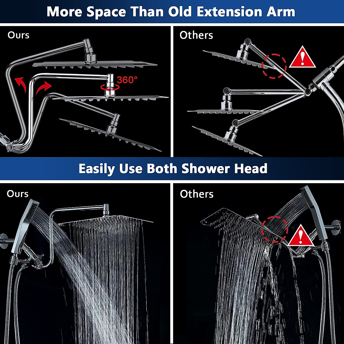 PDPBath All Metal Shower head with Handheld Combo, High Pressure 10" Rainfall Shower Head with Upgrade Adjustable Extension Arm, Shower Wand with 70" Extra Long Shower Hose, 3-Way Diverter-Chrome