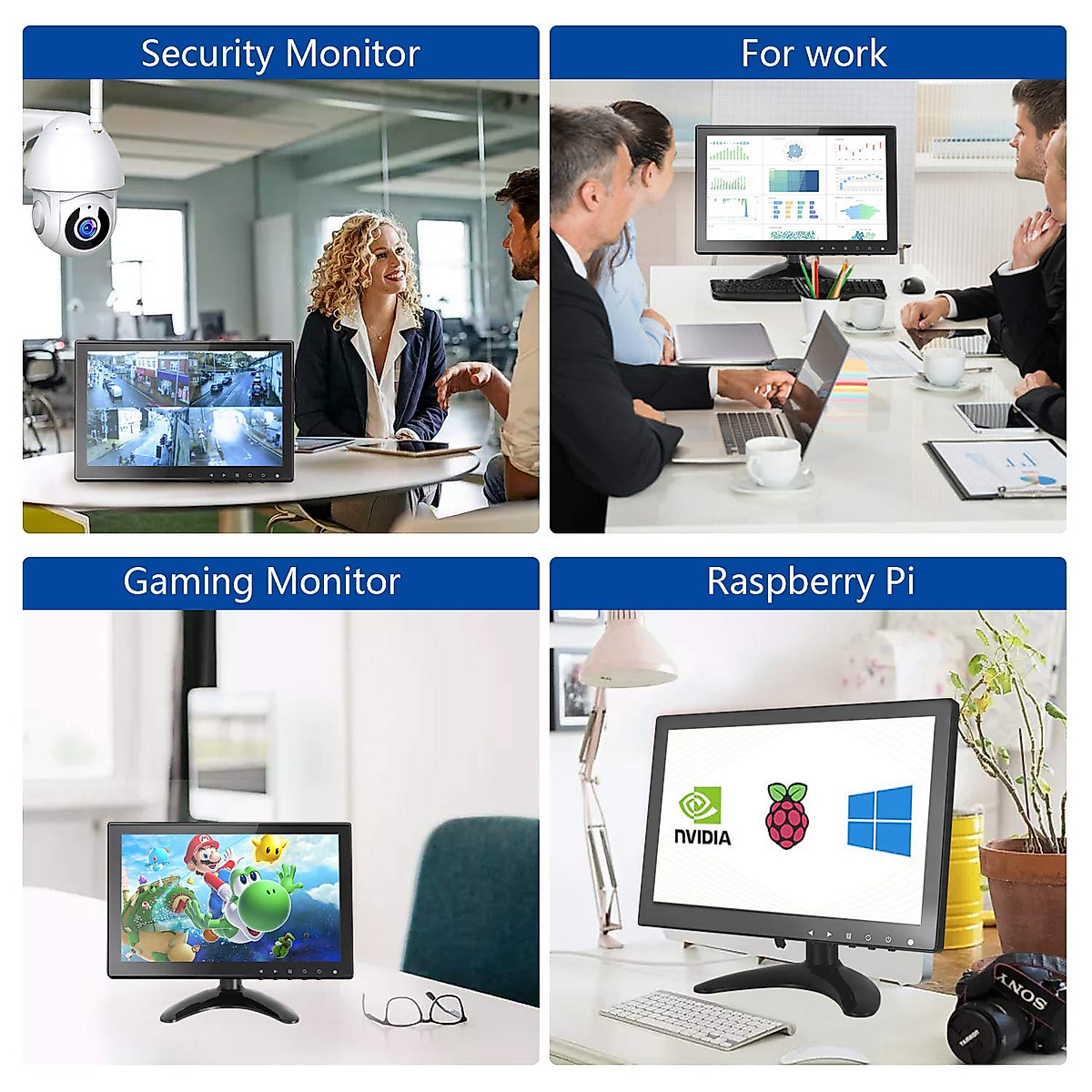 WHOLEV 10.1" LCD Rimless Monitor 1280x800 FHD Color Screen with AV VGA HDMI BNC USB Input Built-in Speaker 178° Wide Angle for Raspberry Pi Computer Display TV
