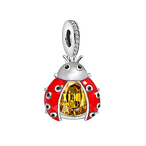 Ginger Lyne Collection Lucky Ladybug Charm for Bracelet or Necklace for Women European Bead Yellow CZ Red Enamel Over Sterling Silver