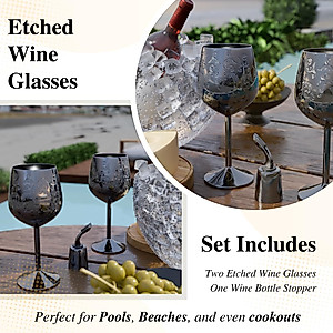 vaanshie 17oz Stainless Steel Wine Glasses [Set of 2] – Black Royal Goblets with Intricate Baroque Engravings, Unbreakable and Shatterproof Wine Cups with Bottle Stopper for Travel, Camping,and Pool