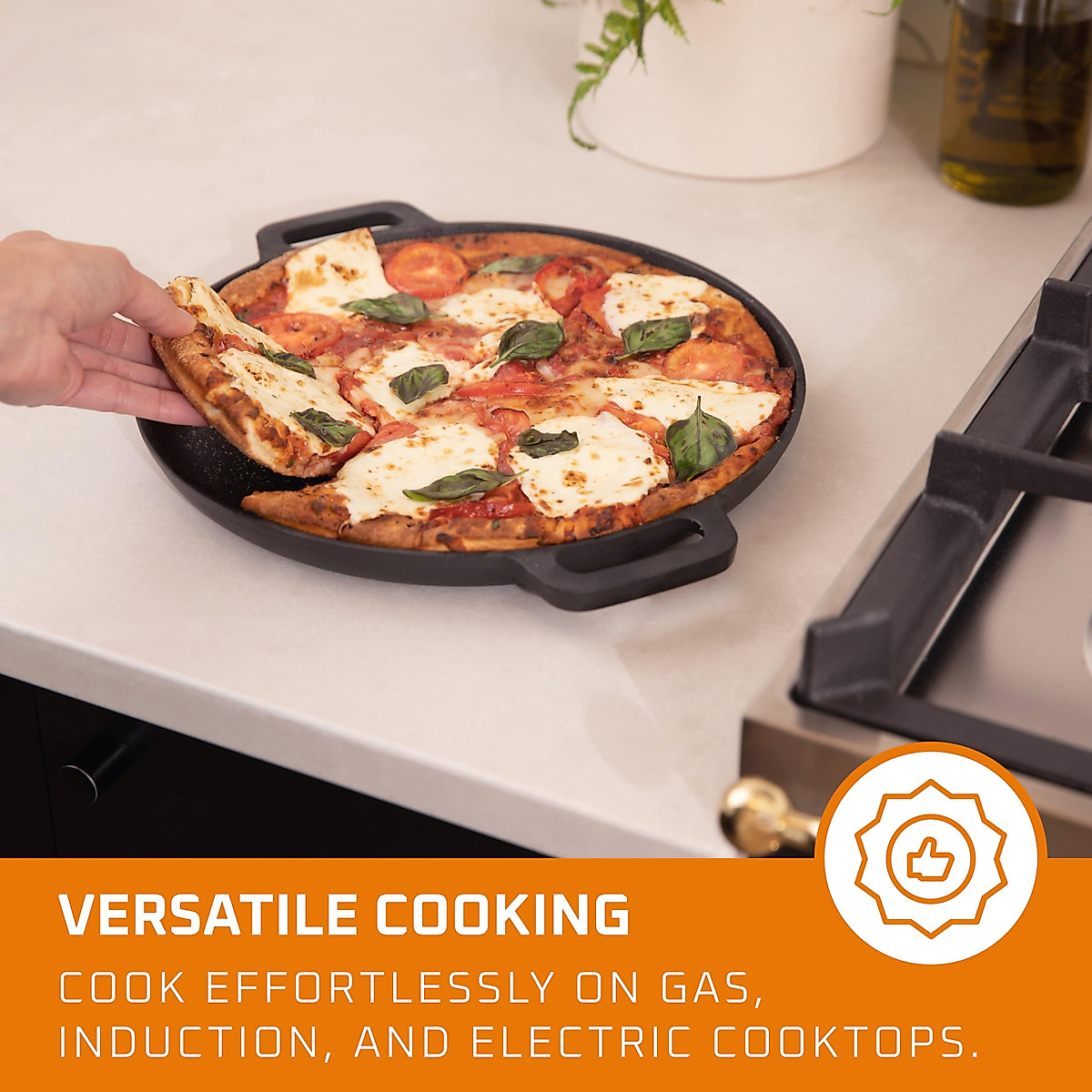 Bruntmor 12-Inch Pre-Seasoned Cast Iron Skillet Pan - Pizza Pan with Dual Large Loop Handles - Ideal as Camping Skillet and Fry Pan - Oven Safe and Electric Stovetop Compatible - Black