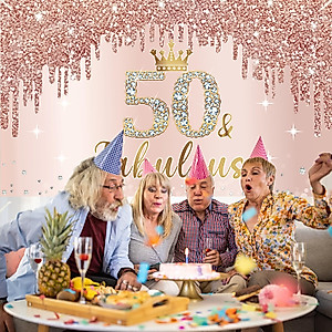 Rose Gold 50th Birthday Banner Party Decorations for Women, Pink Rose Gold 50 & Fabulous Happy 50th Birthday Banner Party Supplies, Fifty Years Old Bday Background Photo Sign for Indoor Outdoor