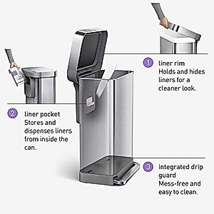 simplehuman 58 Liter / 15.3 Gallon Rectangular Hands-Free Dual Compartment Recycling Kitchen Step Trash Can, Black Stainless Steel