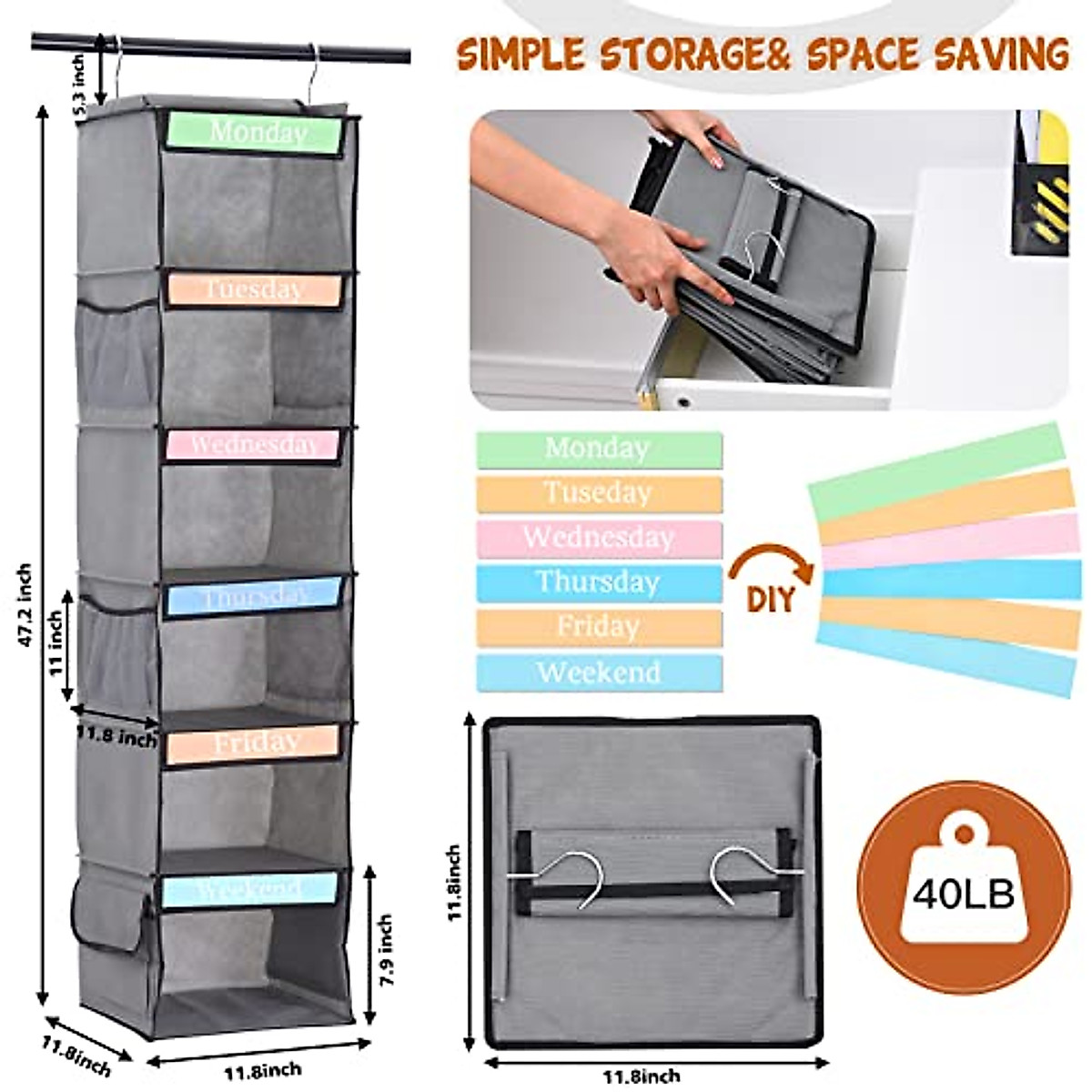 BTideas Weekly Hanging Clothes Organizer for Kids, 6-Shelf Kids Closet Organizers and Storage, 48"x12"x12" Collapsible Daily Kids Clothes Organizer Hanging Closet Shelves with 6 Side Pockets (Gray)