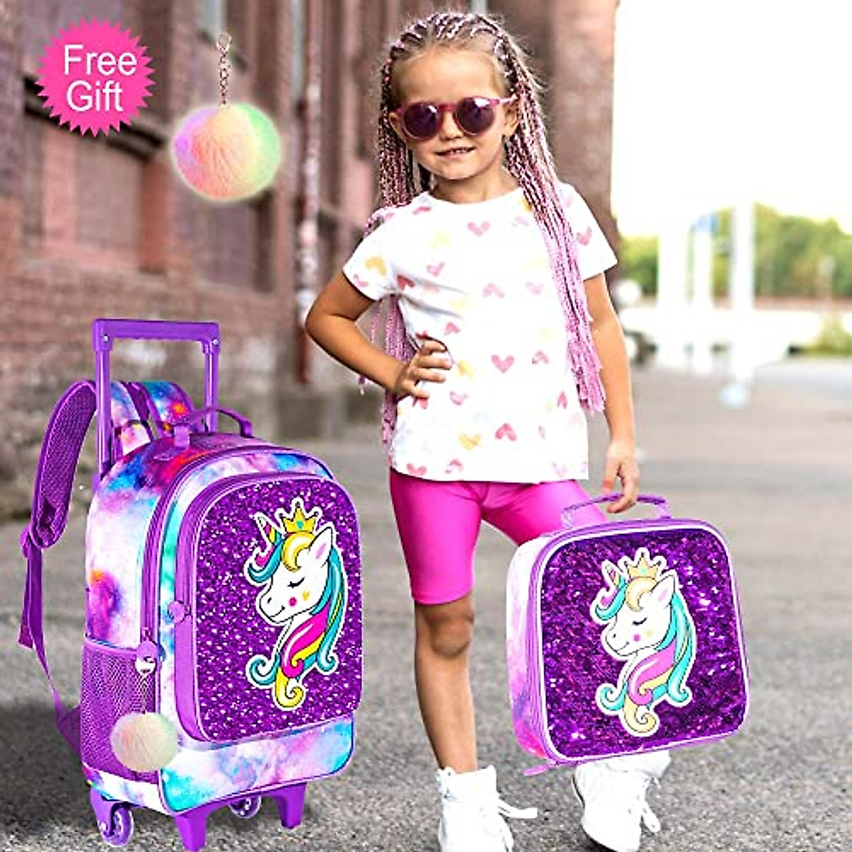 TXHVO 3PCS Rolling Backpack for Girls,Kids Unicorn Bookbag with Roller Wheels, Sequin Suitcase School Bag Set for Elementary Toddler