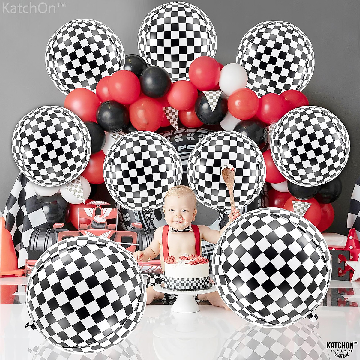 KatchOn, Black and White Checkered Balloons - 22 Inch, Pack of 12 | 4D Race Car Balloons for Emo Party Decorations | Checkered Flag Balloons, Checker Balloons for One Happy Dude Birthday Decorations