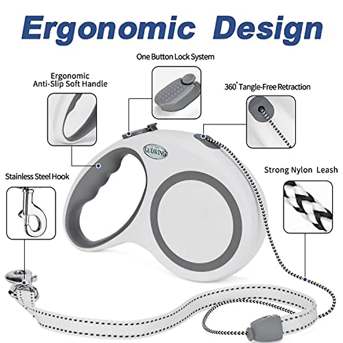 Retractable Dog Leash 30 FT, GUDWING Dog Walking Leash for Medium Large Dogs up to 77 lbs, Heavy Duty No Tangle, Large