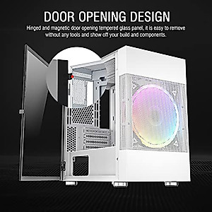 Vetroo M01 Compact M-ATX Mesh Gaming Pc Case, Pre-Installed 200mm Rainbow Fan, Door Opening Tempered Glass Panel Design, Air-Water Cooling Ready