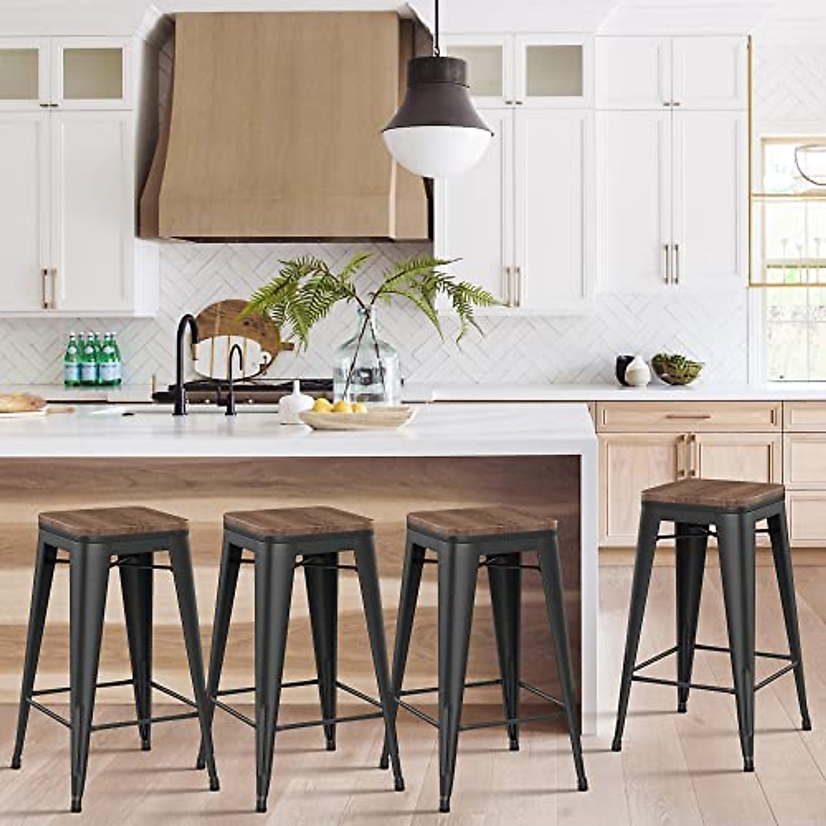Alunaune 24" Metal Bar Stools Set of 4 Stackable Counter Height Barstools Backless Industrial Kitchen Bar Chairs with Wooden Seat-Matte Black