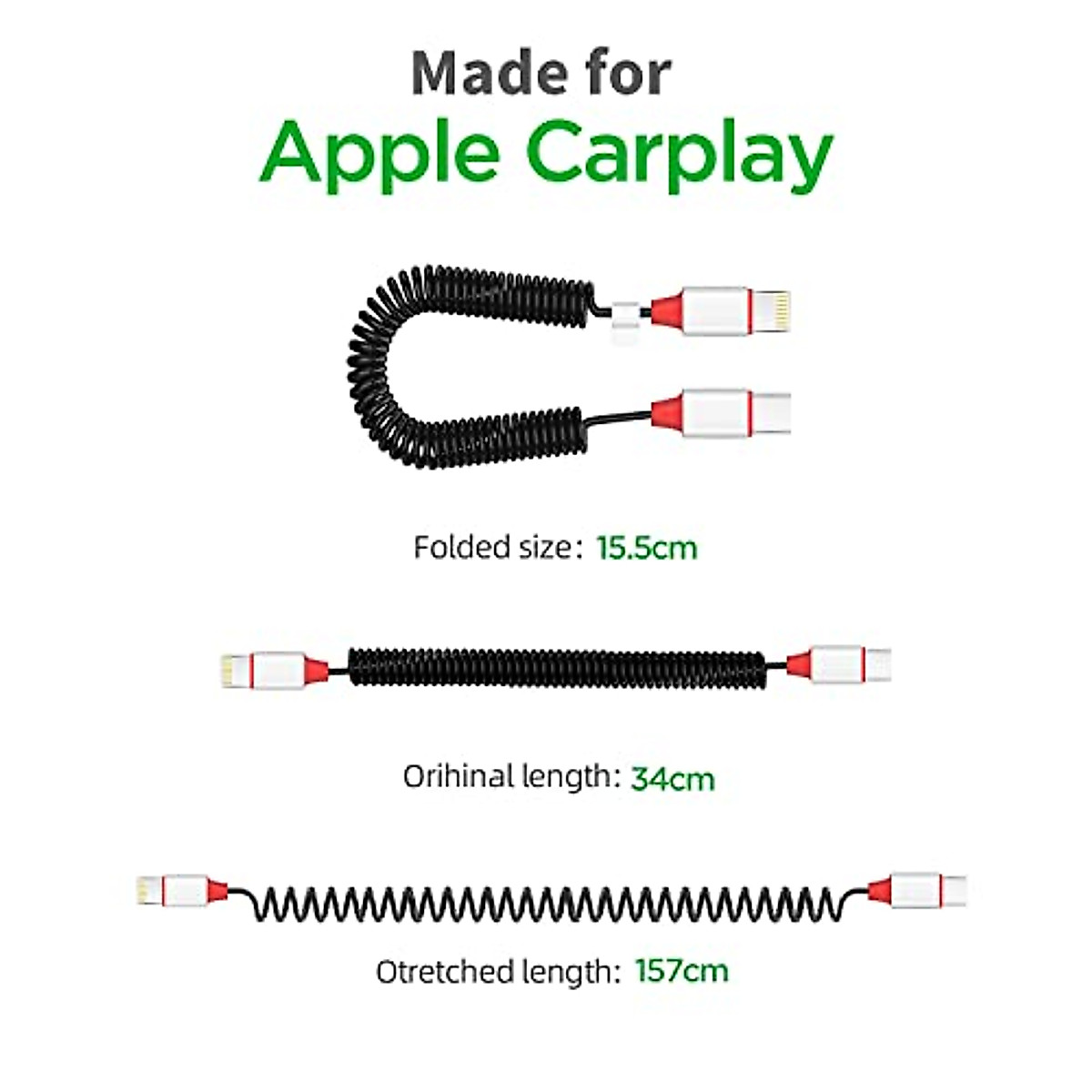 AICase Coiled USB-C to Lightning Cable for Apple CarPlay,Expansion Spring Coiled Cable,PD Type C Scalable Charging Cable for iPhone 14/13/13 Pro 12 Pro Max 12 11 X XS XR 8 Plus,AirPods Pro