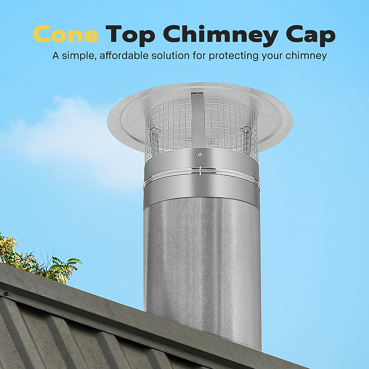 VIVOHOME 10" Cone Top Chimney Cap with Screen, Round Roof Rain Chimney Cover, Galvanized Steel Fireplace Exhaust Cap, Adjustable Roof Cap for Vent