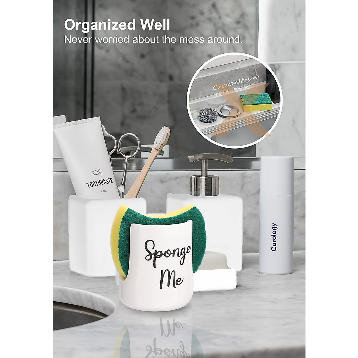 Nucookery Sponge Holder, Ceramic Dish Sponge Holder for Kitchen Sink with Sponge, Porcelain Kitchen Sink Sponge Caddy, Farmhouse Kitchen Sink Organizer for Sink Accessories