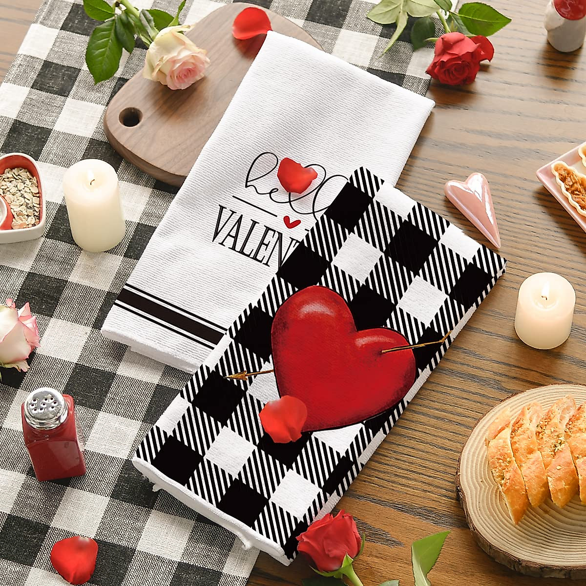 Artoid Mode Watercolor Buffalo Plaid Arrow Love Heart Rose Flower Valentine's Day Kitchen Towels, 18 x 26 Inch Ultra Absorbent Drying Cloth Dish Towels for Cooking Baking Set of 4