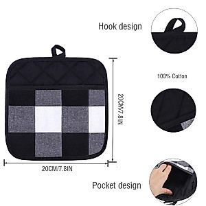 6 Pieces 100% Cotton potholders for Kitchens ， Heat Resistant with Pocket for Easy Grip. (Black Plaid)