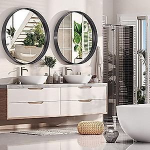 Hasipu 20×20 Inch Wall Mirror for Bathroom, Round Black Metal Frame Bathroom Mirrors, Modern Wall Mounted Vanity Mirror for Bathroom