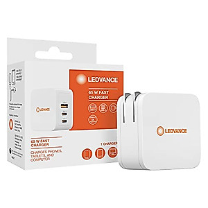 LEDVANCE 65W Smart Fast Charger with USB A / USB C Ports, 3 Device Compact Charger, Laptop / Tablet / Phone, Apple, Huawei, Samsung Compatible, White - 1 Pack (62372)