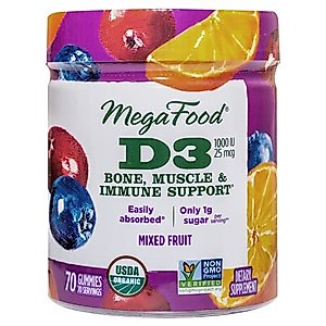 ​MegaFood D3 1000 IU (25 mcg) Gummy - Vitamin D Supplement for Bone, Muscle & Immune Support - Non-GMO, Gluten-Free - Mixed Fruit - 70 Count