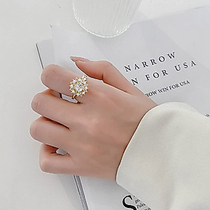 Rotatable Pearl Flower Round CZ Anti Anxiety Statement Adjustable Wrap Open Rings for Women 14K Gold Plated Cubic Zirconia Crystal Stress Relief Fidget Spinner Ring Dainty Expandable Stacking Worry Knuckle Snowflake Rings Fashion Jewelry Gifts Bff Xmas