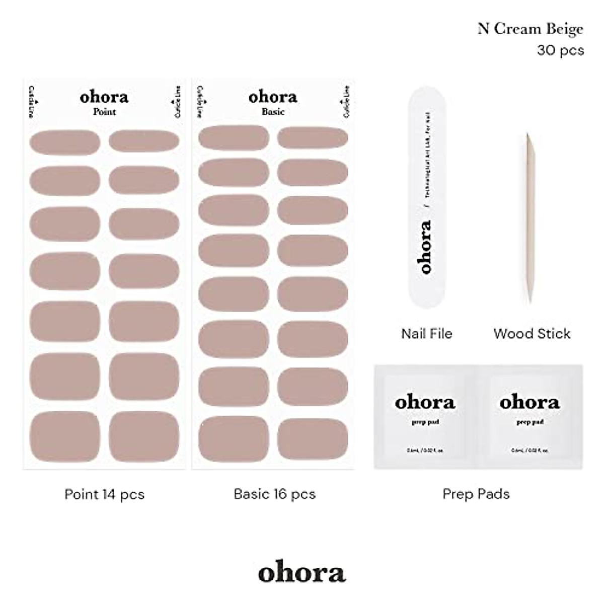 ohora Semi Cured Gel Nail Strips (N Cream Beige) - Works with Any Nail Lamps, Salon-Quality, Long Lasting, Easy to Apply & Remove - Includes 2 Prep Pads, Nail File & Wooden Stick - Beige