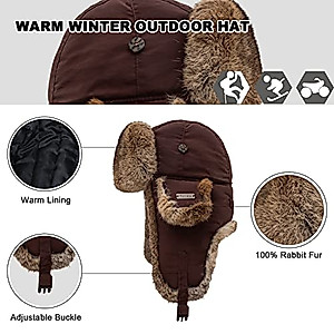 Winter Trapper Hat for Men Women Russian Fur Winter Ushanka Hat Men Aviator Bomber Hat with 100% Rabbit Fur Mens Trapper Hat Brown