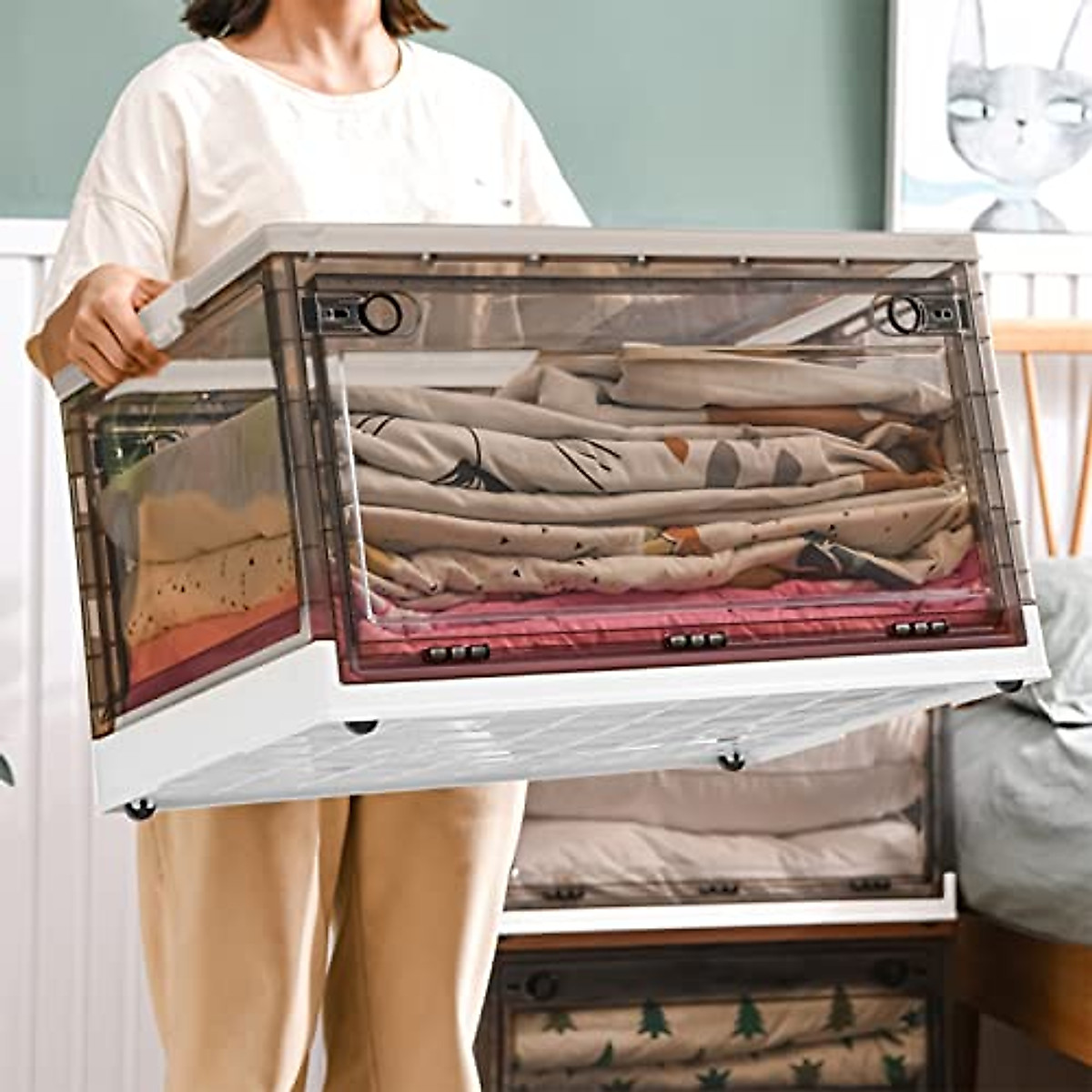 haomsj Stackable Storage Bins Collapsible Closet Organizer Clear Box Large Cube Plastic Container with Handles & Wheels, 2 Ways to Open for Playroom, Home and Camping Cabinet (135Quarts, White)