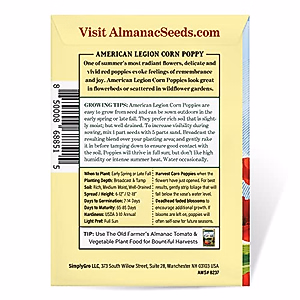 The Old Farmer's Almanac Poppy Seeds (American Legion) - Approx 5000 Flower Seeds - Premium Non-GMO, Open Pollinated, USA Origin