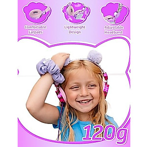 charlxee Kids Pom Headphones with Mic for Travel/Car/Plane,Added 85DB Limit Function&Shareport,Unicorns Gifts for Girls,On/Over Ear HD Stereo Wired Headsets with Nylon Cable-Hot-Purple