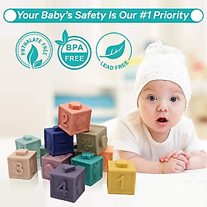 Kcuina Baby Blocks, 12 pc - Soft Stacking Building Blocks - Toy 6 to 12 Months Toddlers Boys & Girls- Squeeze & Play - Educational Toy for 6 Months and Up - Numbers, Animals, and Textures